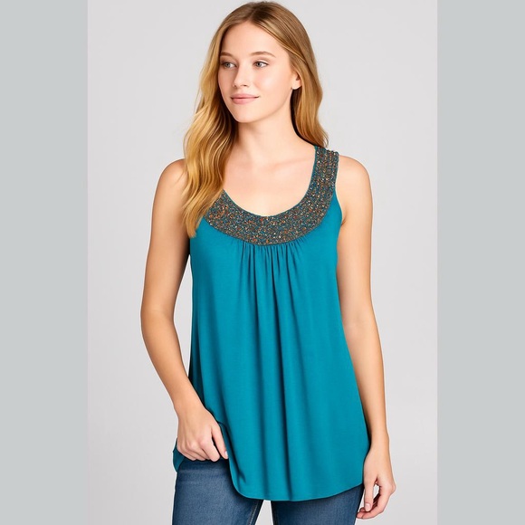 Cato | Tops | Cato Teal Bead Embellished Flowy Sleeveless Blouse | Poshmark